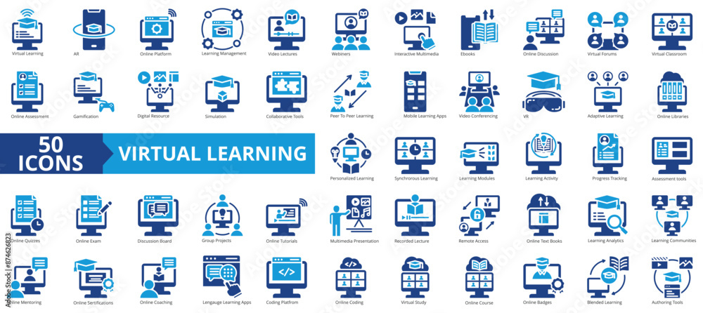 Virtual learning icon collection set. Containing blended learning, lms ...