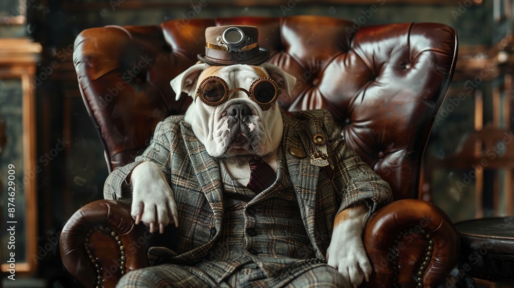 A charismatic steampunk Bulldog dog posing as a boss, proud and ...