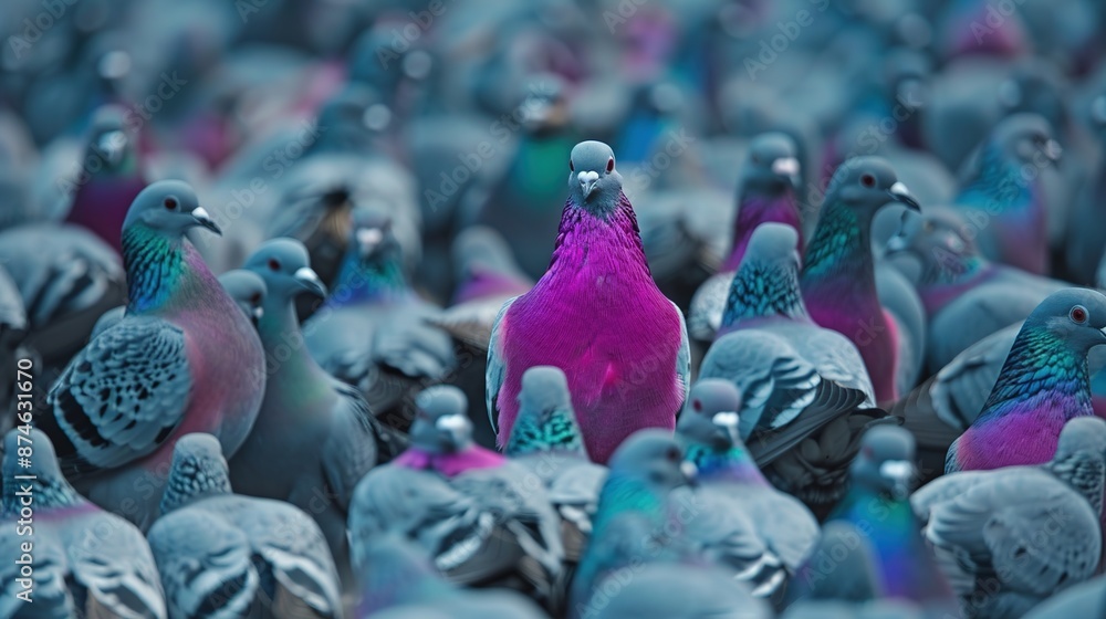 A purple pigeon alone among a crowd of grey pigeons, concept of ...
