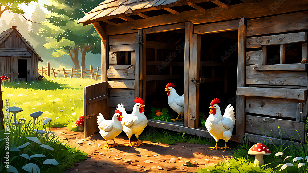 Four white chickens stand near a wooden coop, with a path leading to a ...