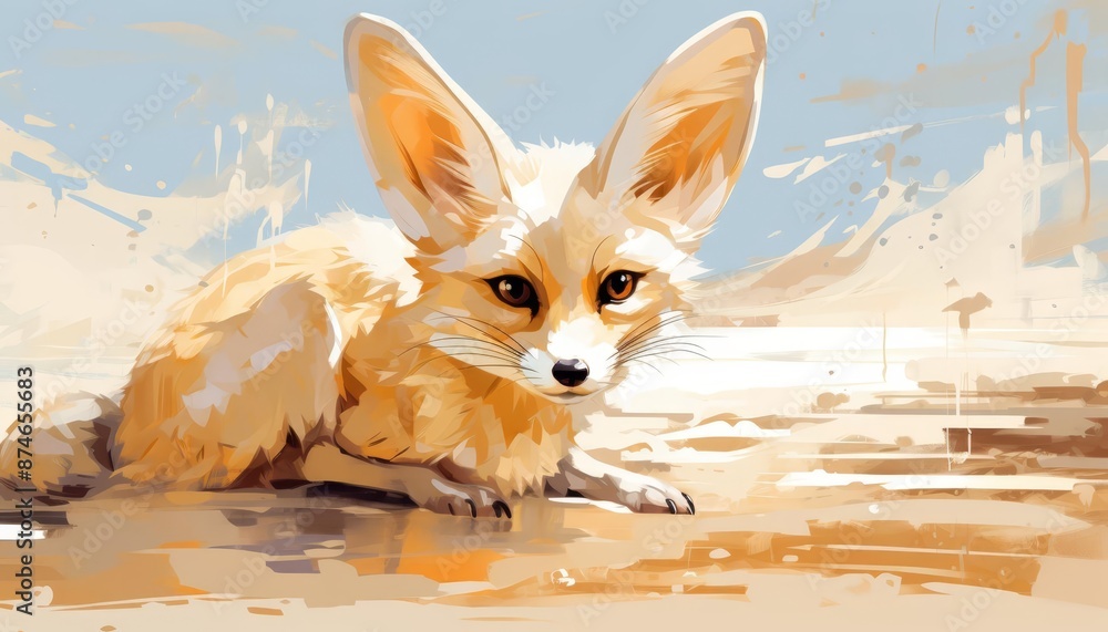 Fennec fox listening intently flat design side view sandy theme water ...