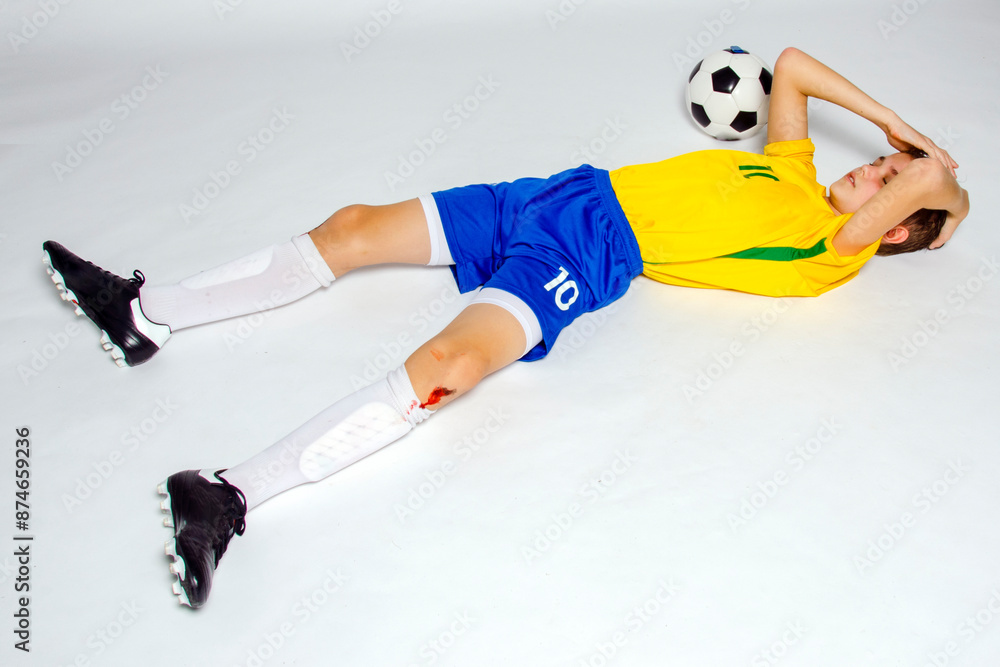 Young preteen boy soccer player, laying injured on the ground, holding ...