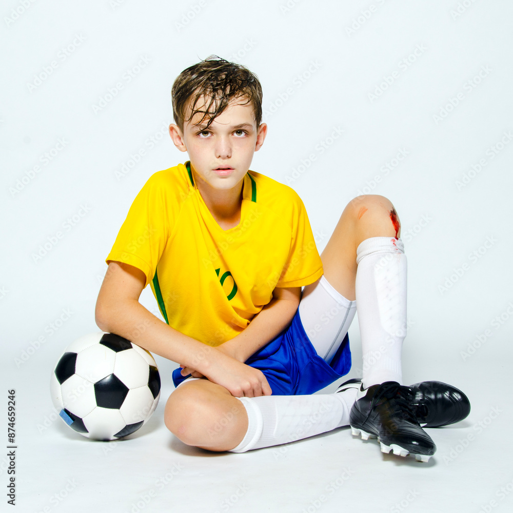 Sweaty young preteen boy soccer player after a game, sitting on the ...