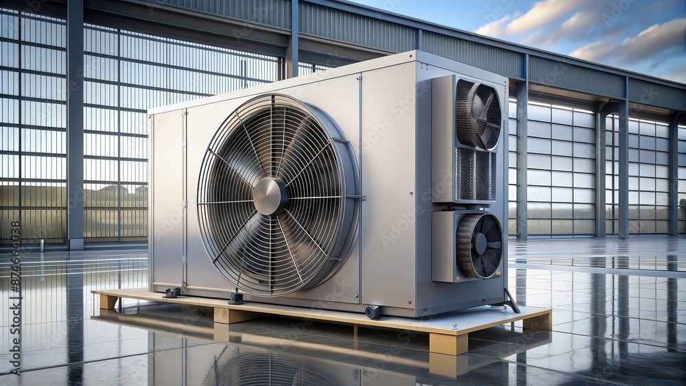 rendering of condenser unit with fan, coil, and pump outside factory ...