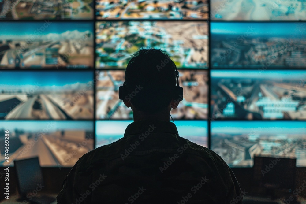 Silhouette of a man in a logistics command center monitoring operations ...