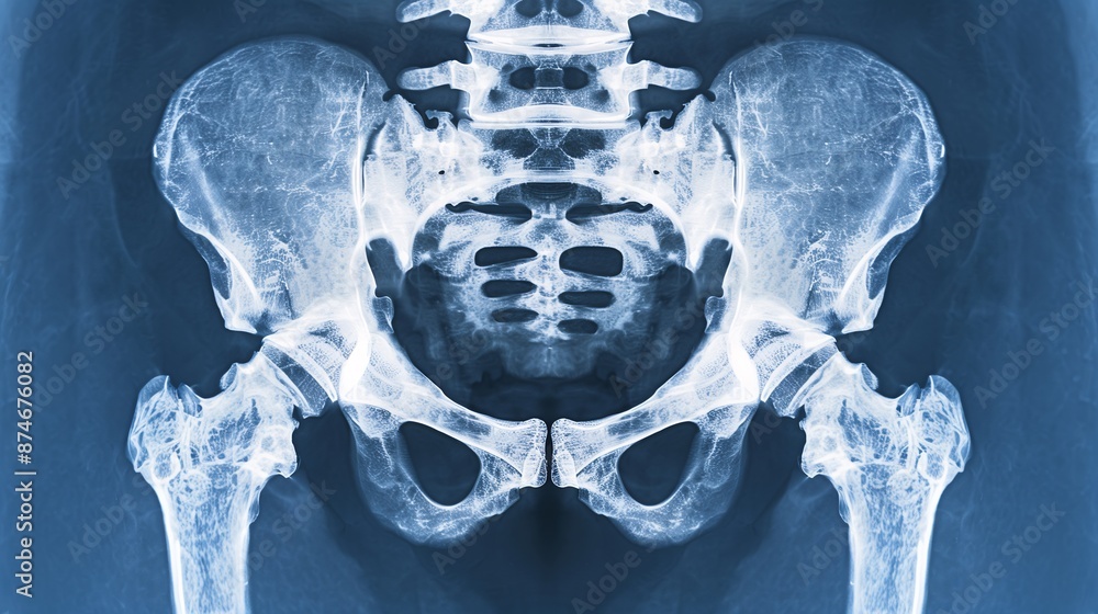 X-ray image of a fractured pelvis with multiple break points Stock ...