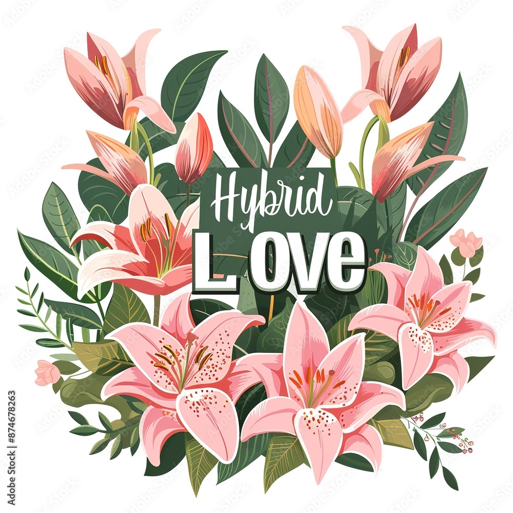 "Hybrid Love", simple font, pink and green lily theme, vector style ...