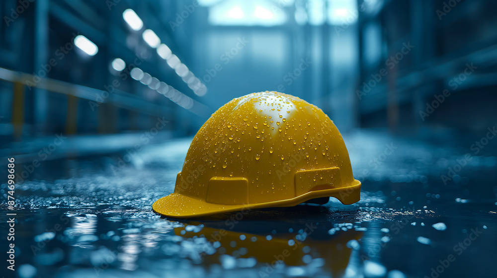 Yellow construction helmet on the floor of an industrial building, soft ...