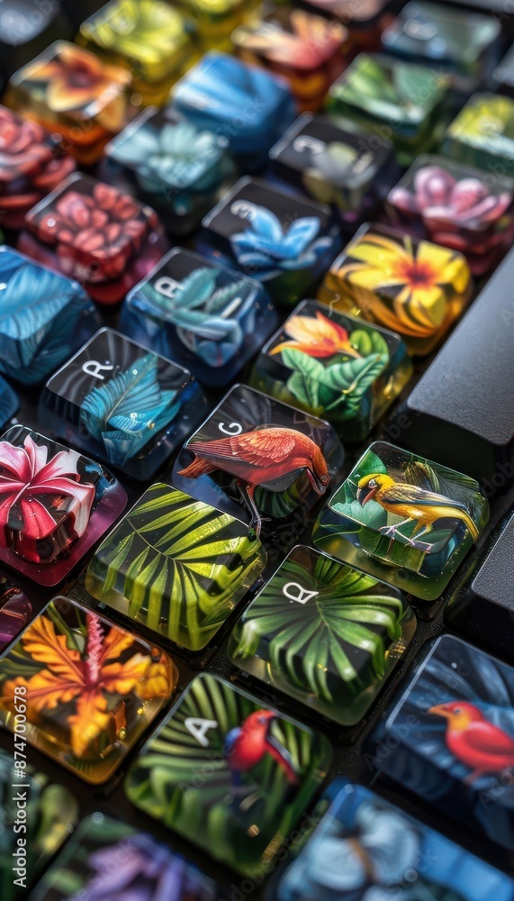 Vibrant keyboard with tropical-themed keycaps featuring colorful ...