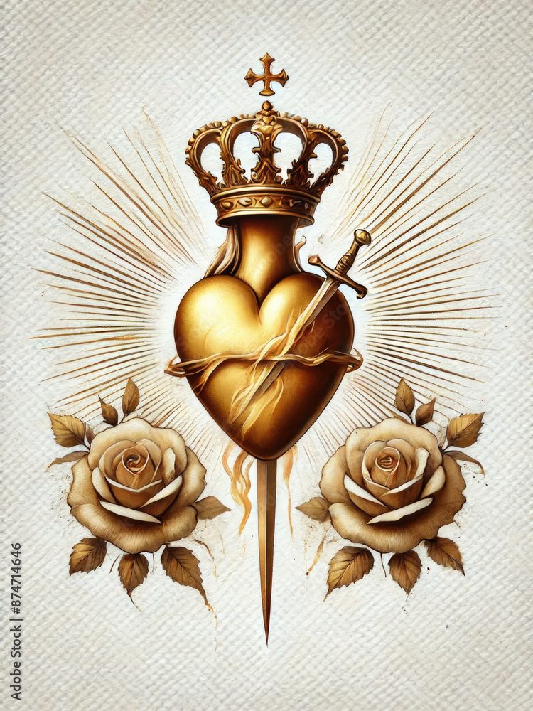 Immaculate Heart of Mary. Golden heart crowned with a golden diadem ...