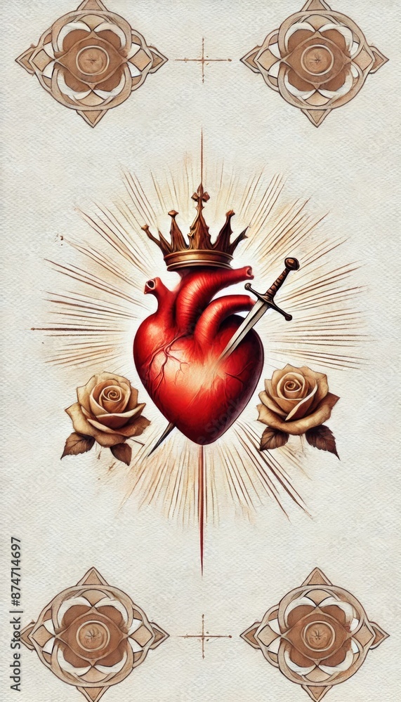 Immaculate Heart of Mary. Radiant red heart crowned and pierced by a ...