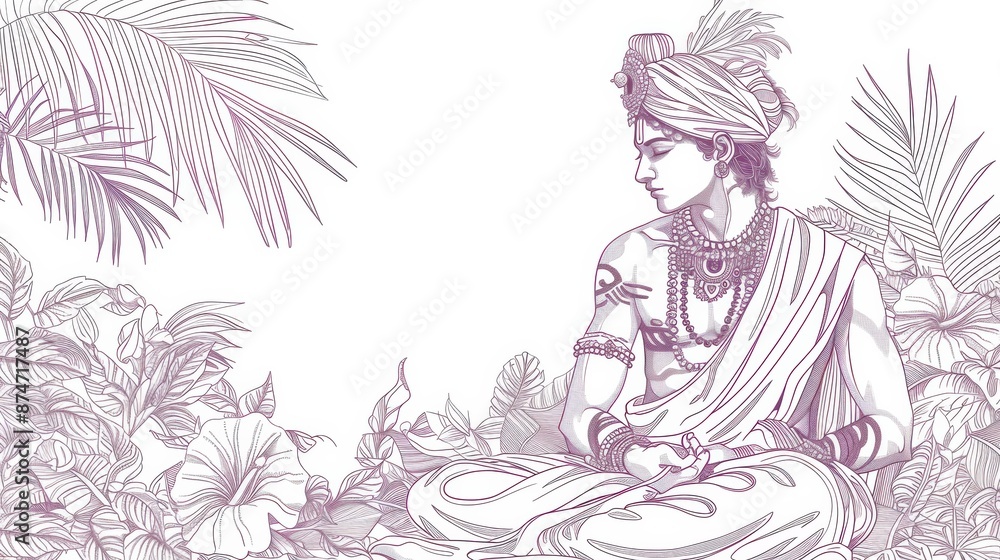 Line art of Krishna in traditional attire, sitting amidst foliage in a ...
