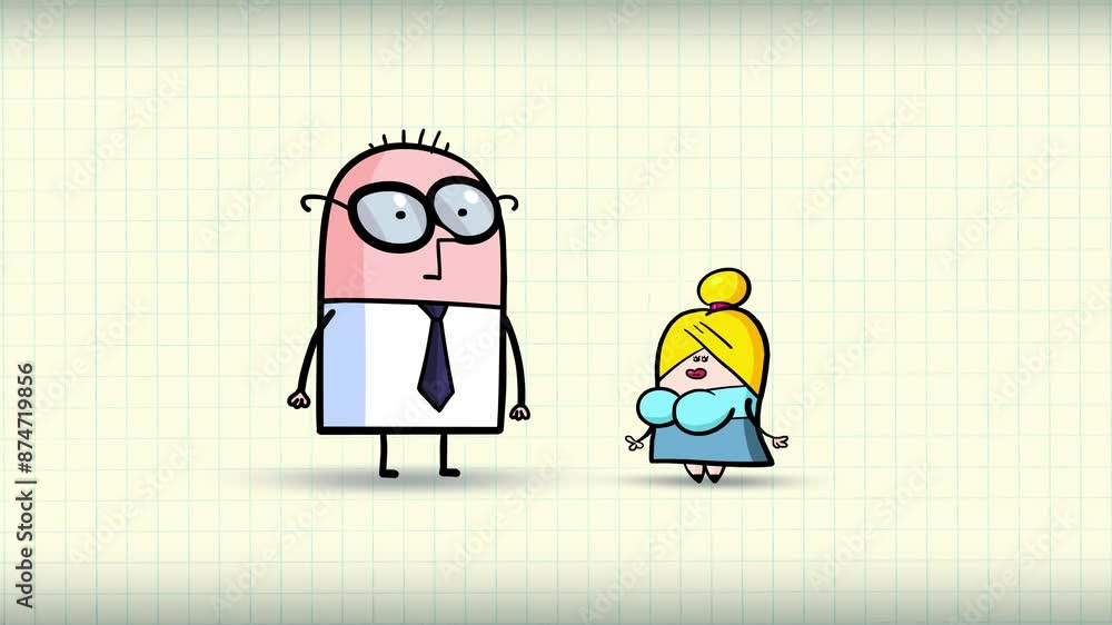Woman small and big man meet on grid background. Cartoon business woman ...