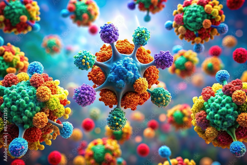 Colorful 3D illustration of globular proteins in blood plasma ...