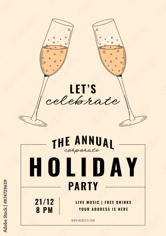 Champagne invitation for annual corporate holiday party. Two champagne ...