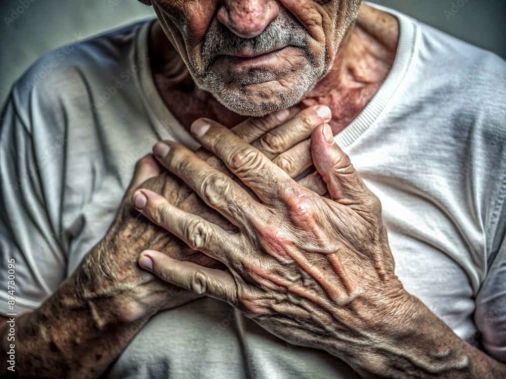 A worn, aged hand grasps the chest, contorted in anguish, knuckles ...
