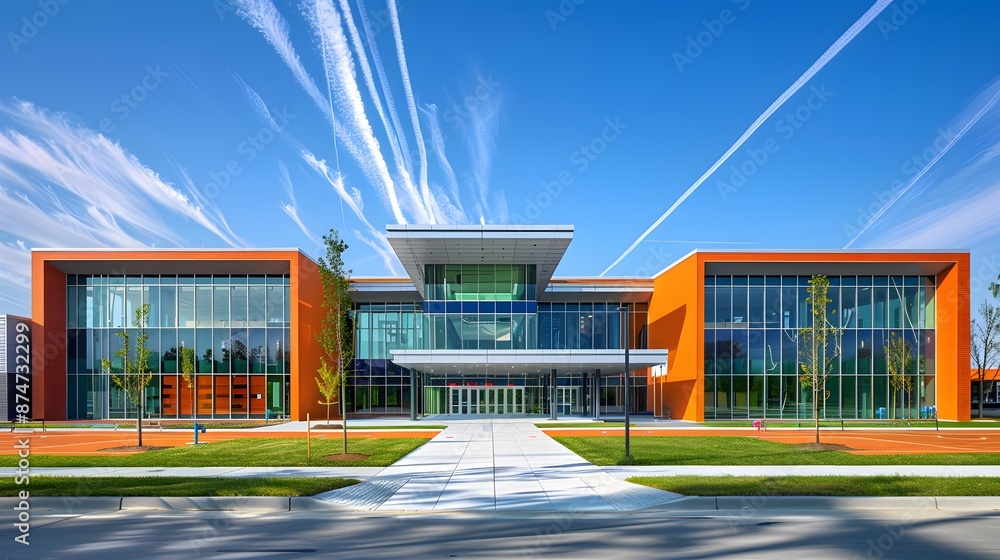 An architectural photograph of a modern school building exterior on a ...