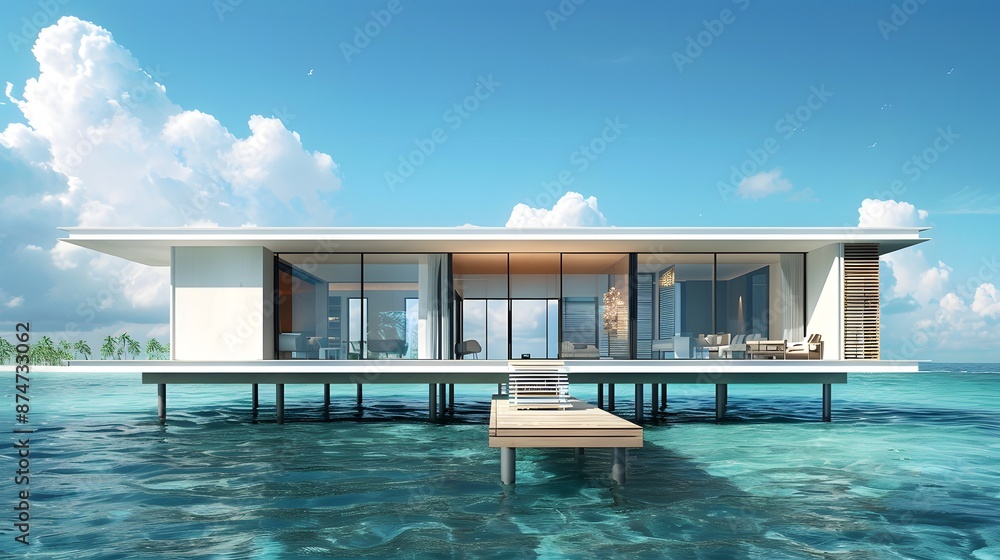 An architectural rendering of a small luxury home on stilts over water ...