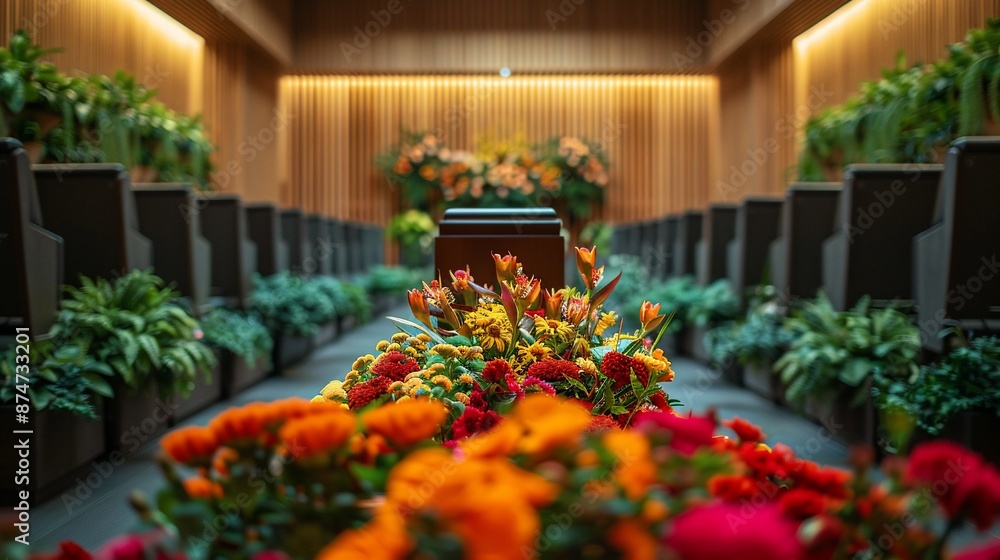 A discreetly decorated funeral chapel with flowers and coffin ...