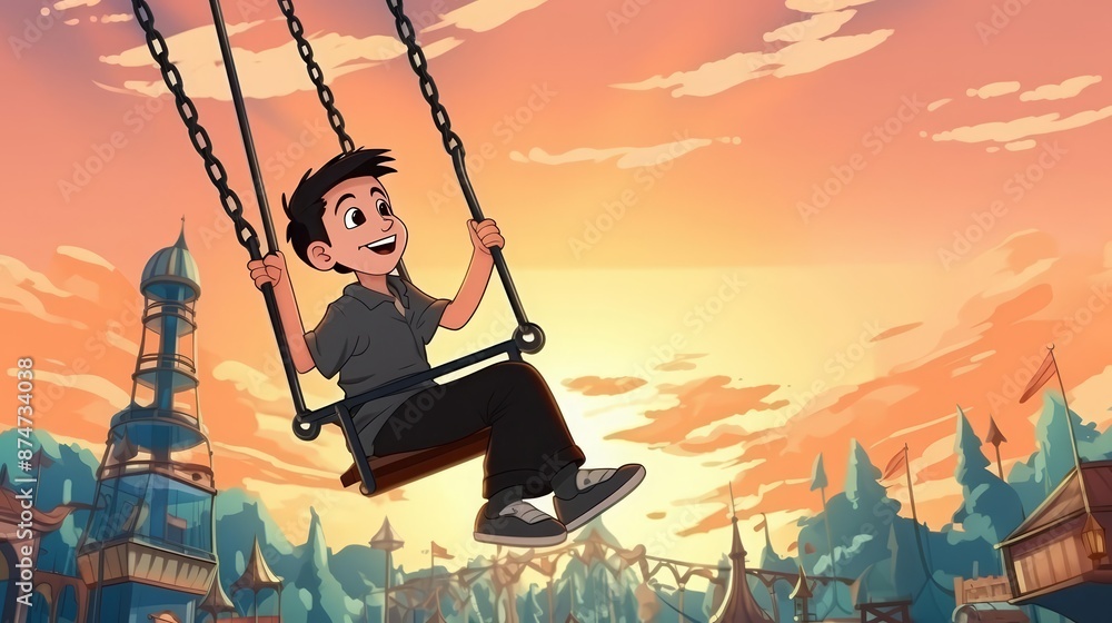 Child enjoying swing cartoon flat design side view amusement park theme ...
