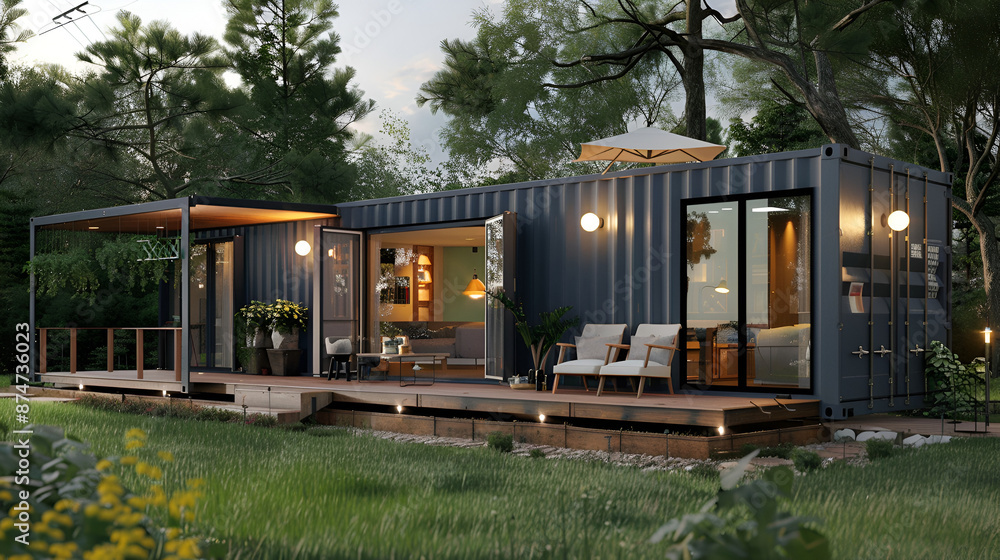 exterior of a container house, evening light 3D render, Layout of a ...