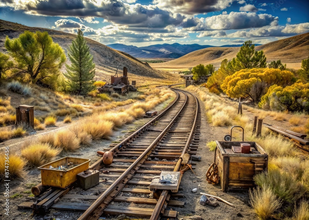 Weathered railroad tracks stretch into the distance, surrounded by ...
