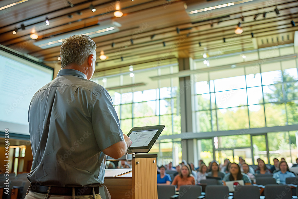 Speaker addressing an audience in a modern conference hall, large ...