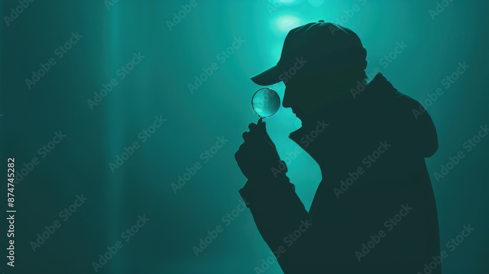 Silhouette of detective searching databases theme front view internet ...