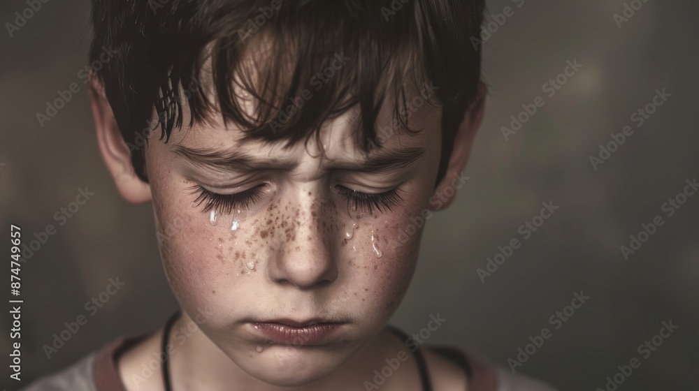 Close-up portrait of sad, crying boy with tears streaming down his face ...