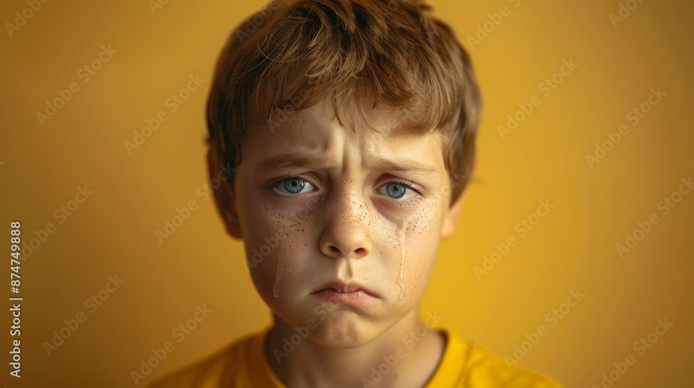 Sad boy with tear on cheek on yellow background. Concept of childhood ...