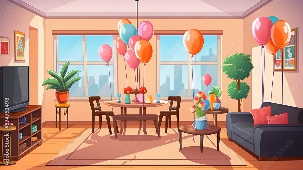 Family birthday party cartoon flat design front view living room theme ...