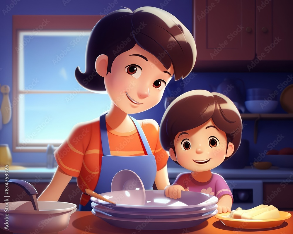 Child and mom cleaning up dishes cartoon flat design front view kitchen ...