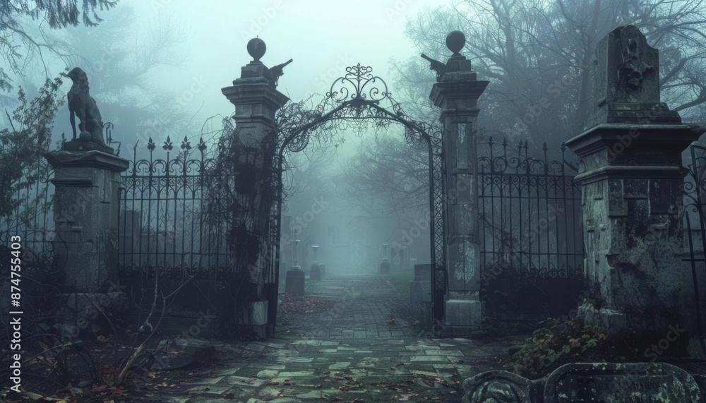 Gothic Cemetery Gate Open wrought iron gate with creepy statues and ...