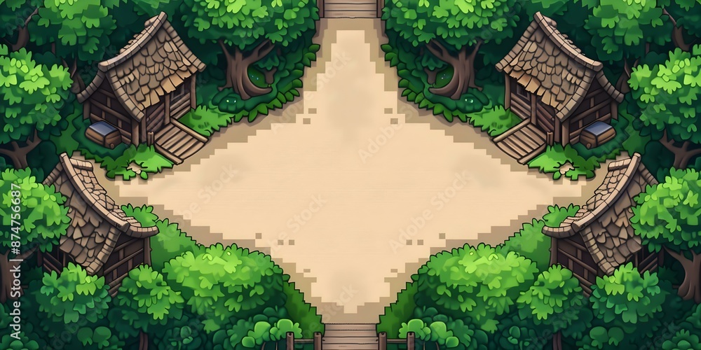 Ilustracja Stock: Pixelated village game map in abstract pixel art ...