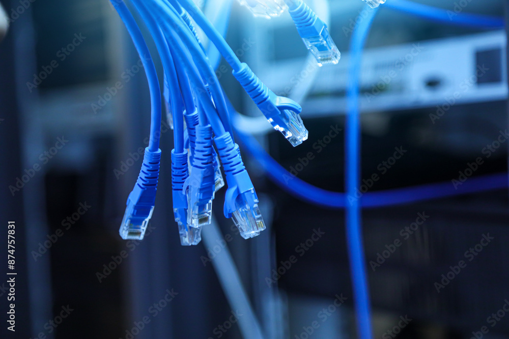 Lots of RJ45 UTP Cat6 LAN internet network cable fiber optic and ...