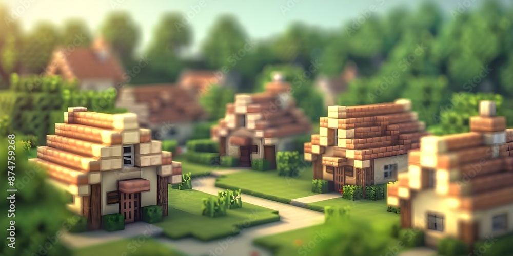 Pixelated village game map with abstract pixel art landscape background ...