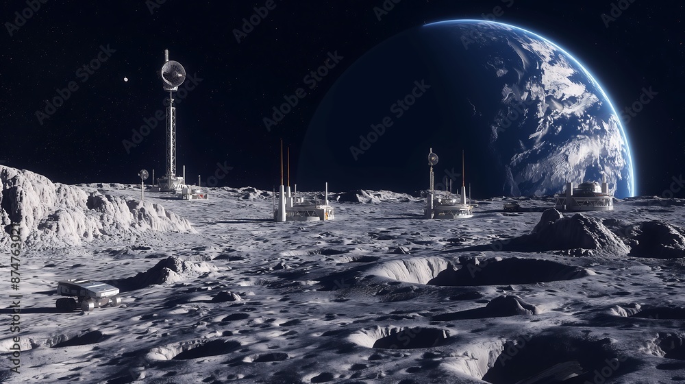 Moon Base on Lunar Surface with Earthrise, Featuring Lunar Rovers ...