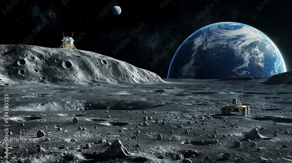 Detailed Moon Base with Beautiful Earthrise, Showing Lunar Rovers ...
