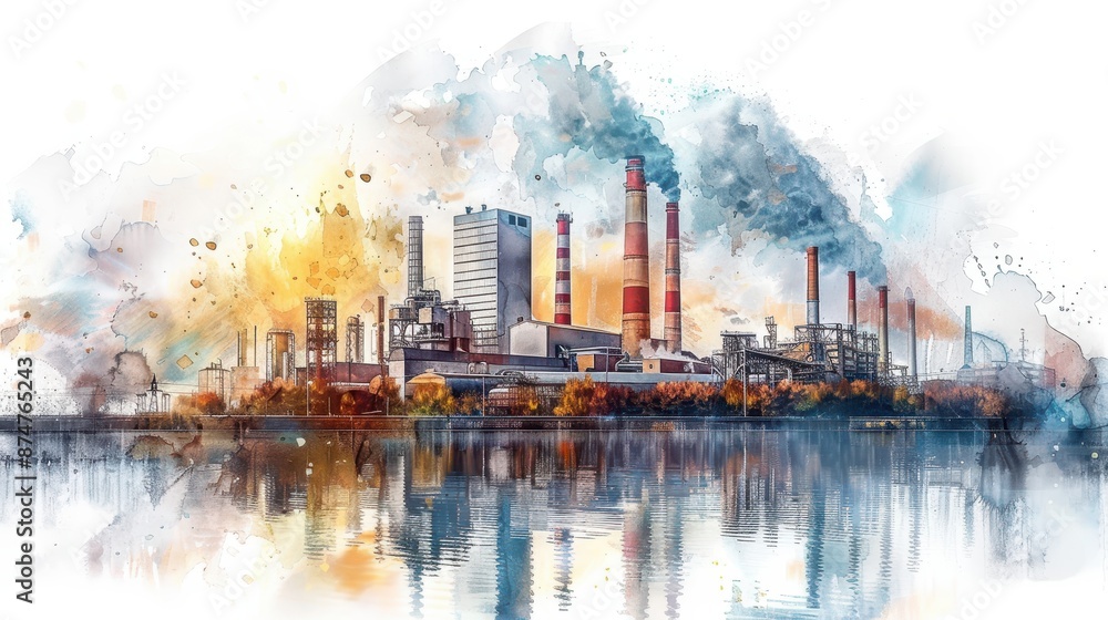 Colorful watercolor illustration of an industrial factory with ...