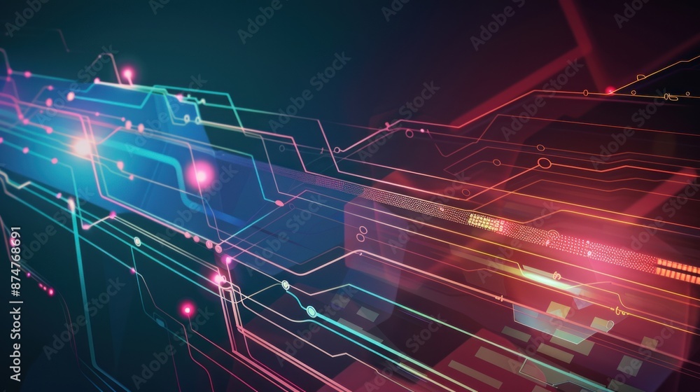Futuristic circuit lines with glowing pink and blue lights on a dark ...