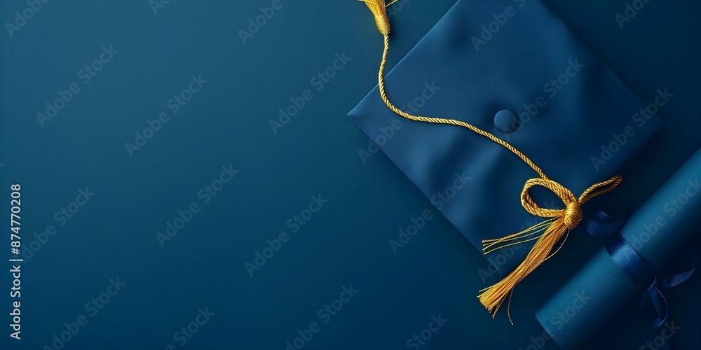Blue graduation cap and degree invitation card on blue background ...