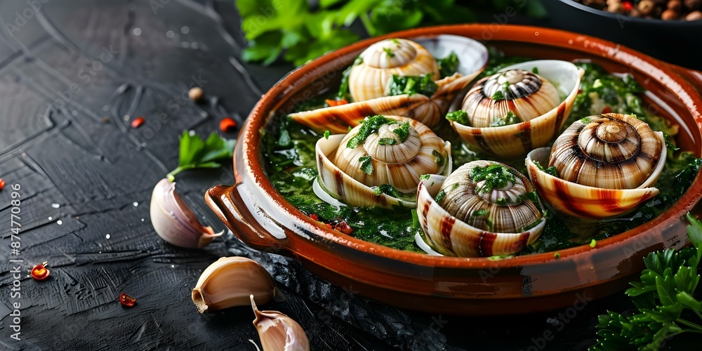 Traditional French dish of escargots in shells with garlic parsley butter. Concept French ...