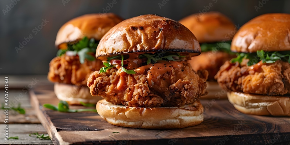 Delicious crispy fried chicken sandwiches on toasted brioche buns with ...