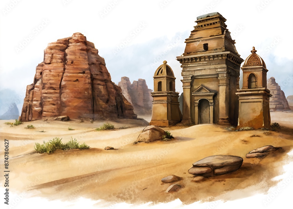 Ancient stone structures and monumental tombs rise from the desert ...