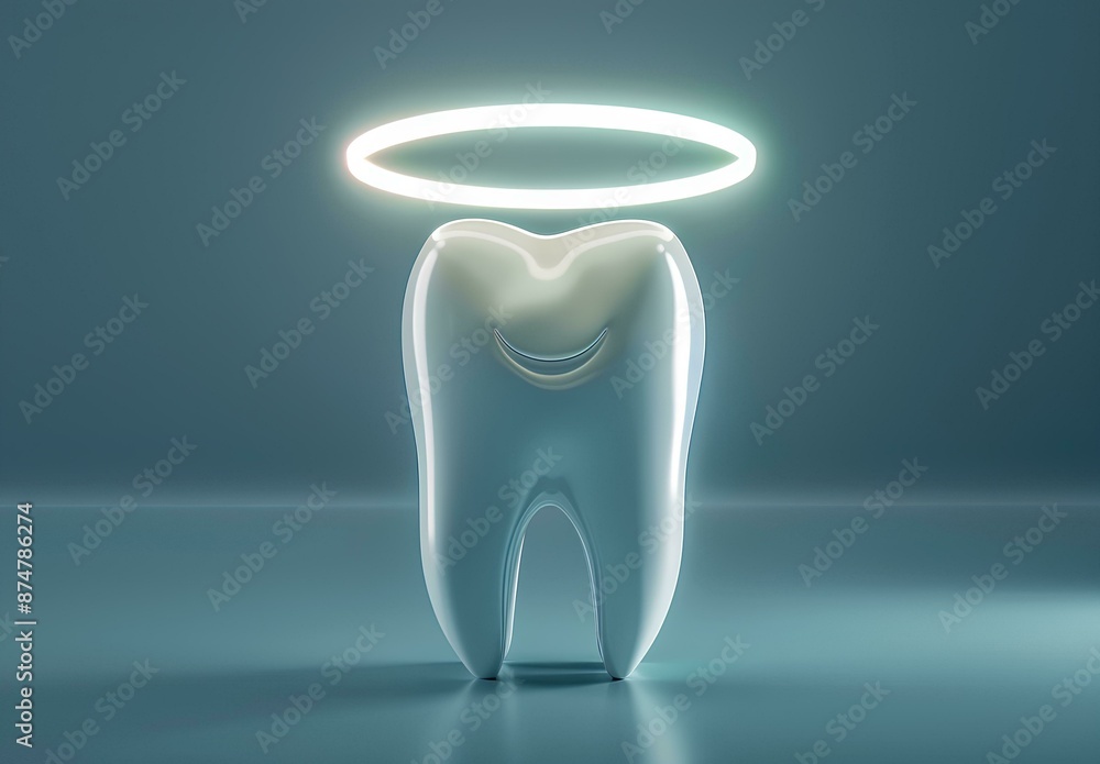 white tooth icon with glowing halo on blue background, concept of ...