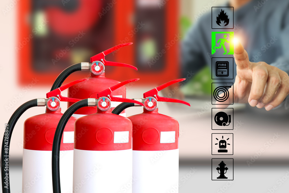 Hand choose prevention icons with fire extinguisher and door fire exit ...