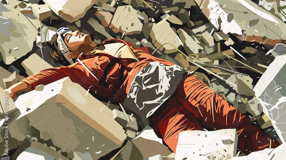 Illustration of a victim trapped under debris after a building collapse ...