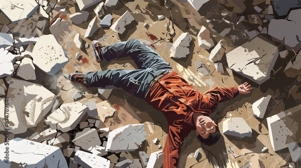 Illustration of a victim trapped under debris after a building collapse ...