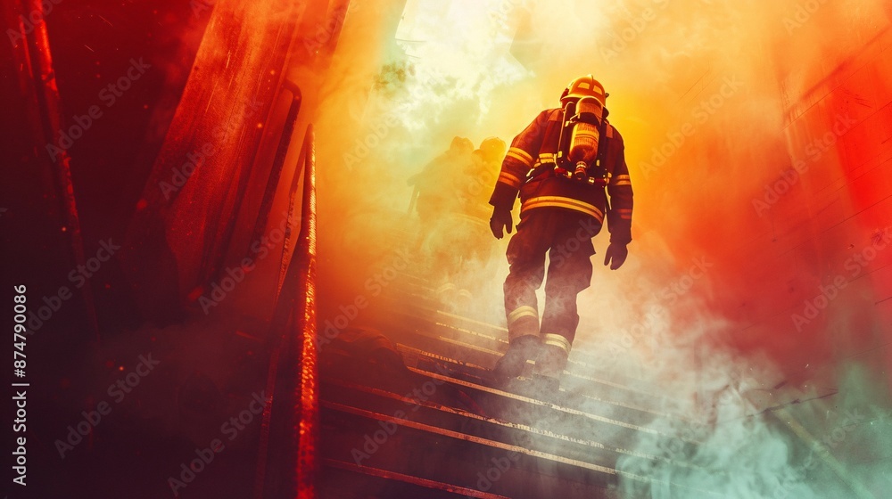 Illustration of a firefighter rescuing a victim from a smoke-filled ...