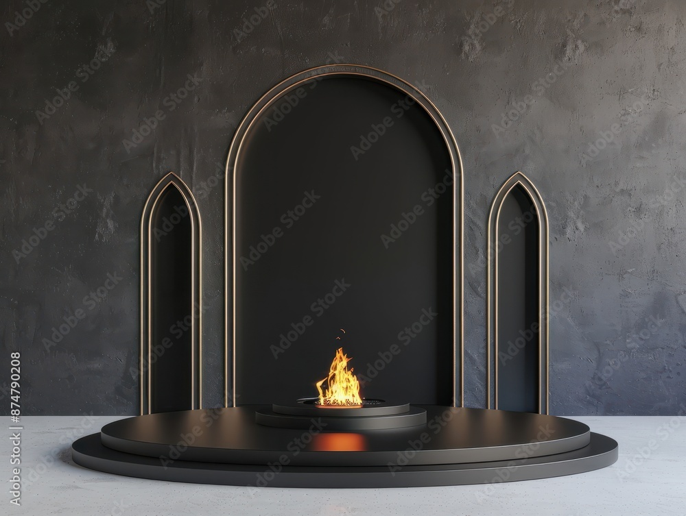 Black podium with fire pit is surrounded by architectural arches in a ...